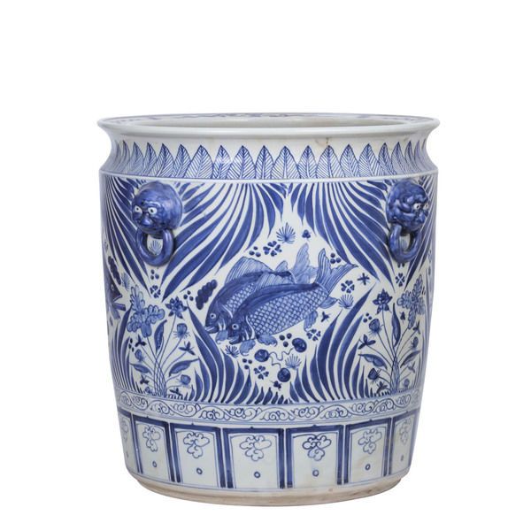 Blue & White Porcelain Fish Planter With Lion Handle | Scout & Nimble