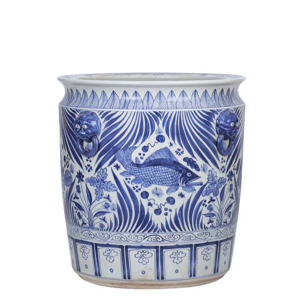 Blue & White Porcelain Fish Planter With Lion Handle | Scout & Nimble